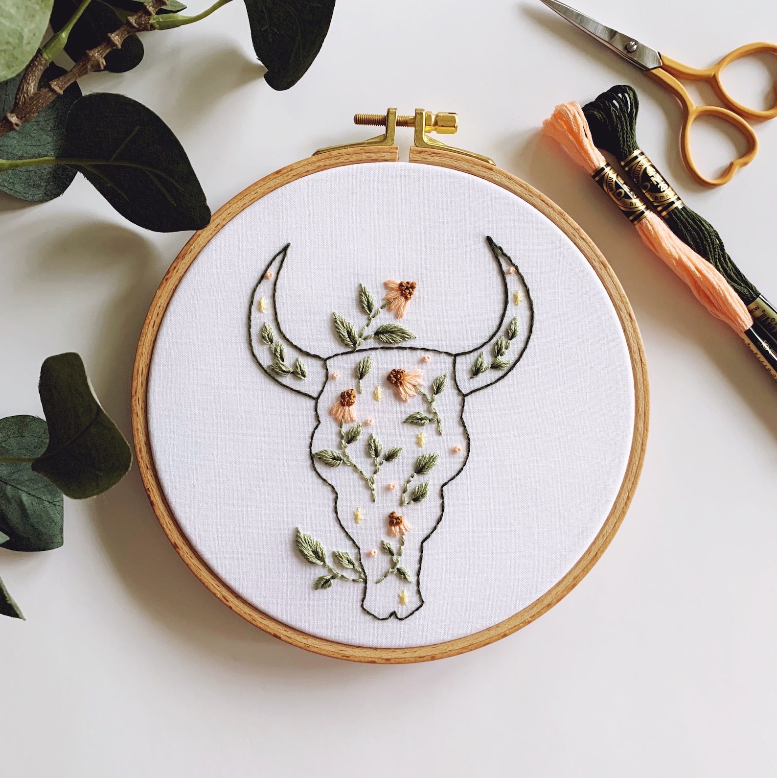 Floral Longhorn Embroidery Pattern Western Hand Embroidery - Etsy