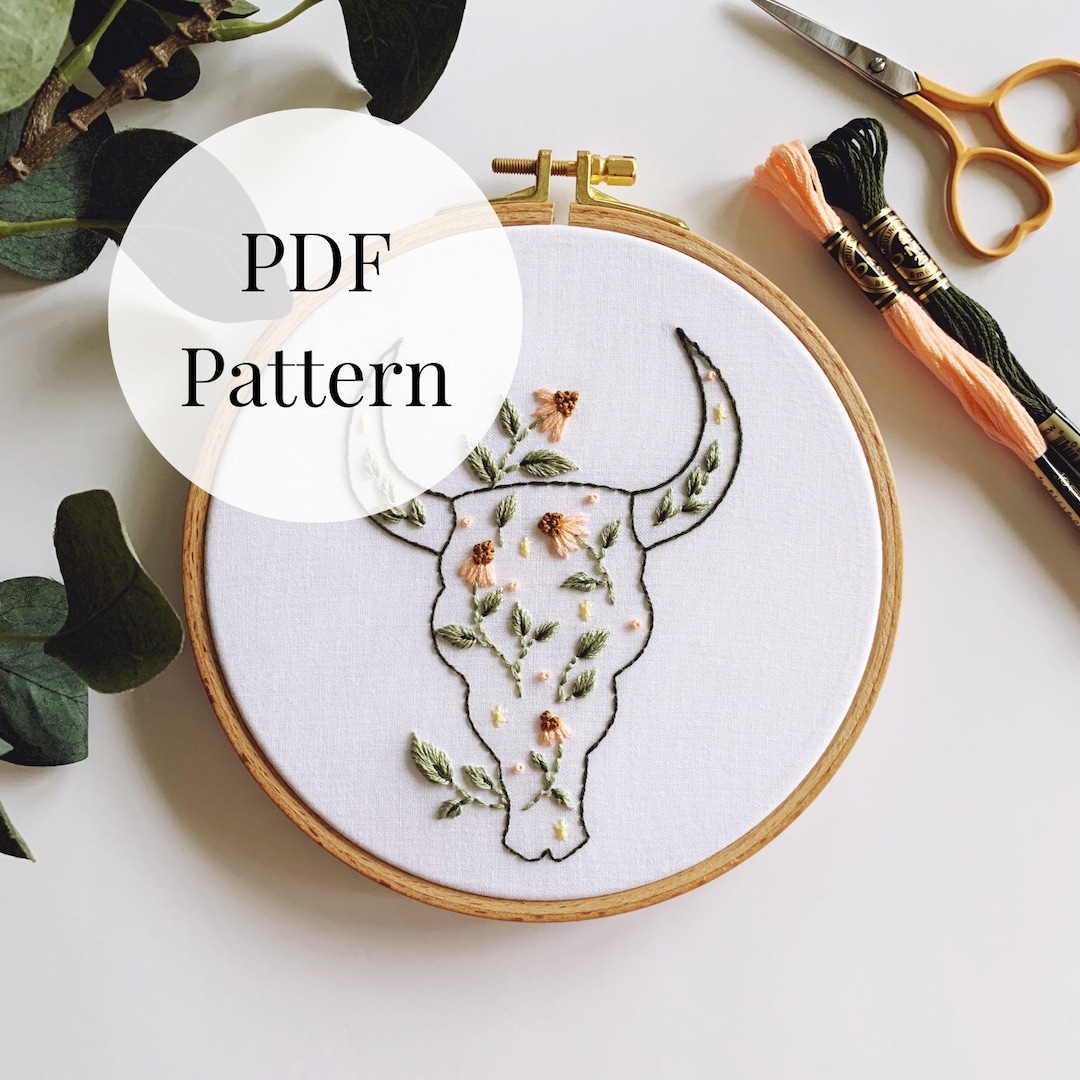 Floral Longhorn Embroidery Pattern | Western Hand Embroidery | Cowboy ...