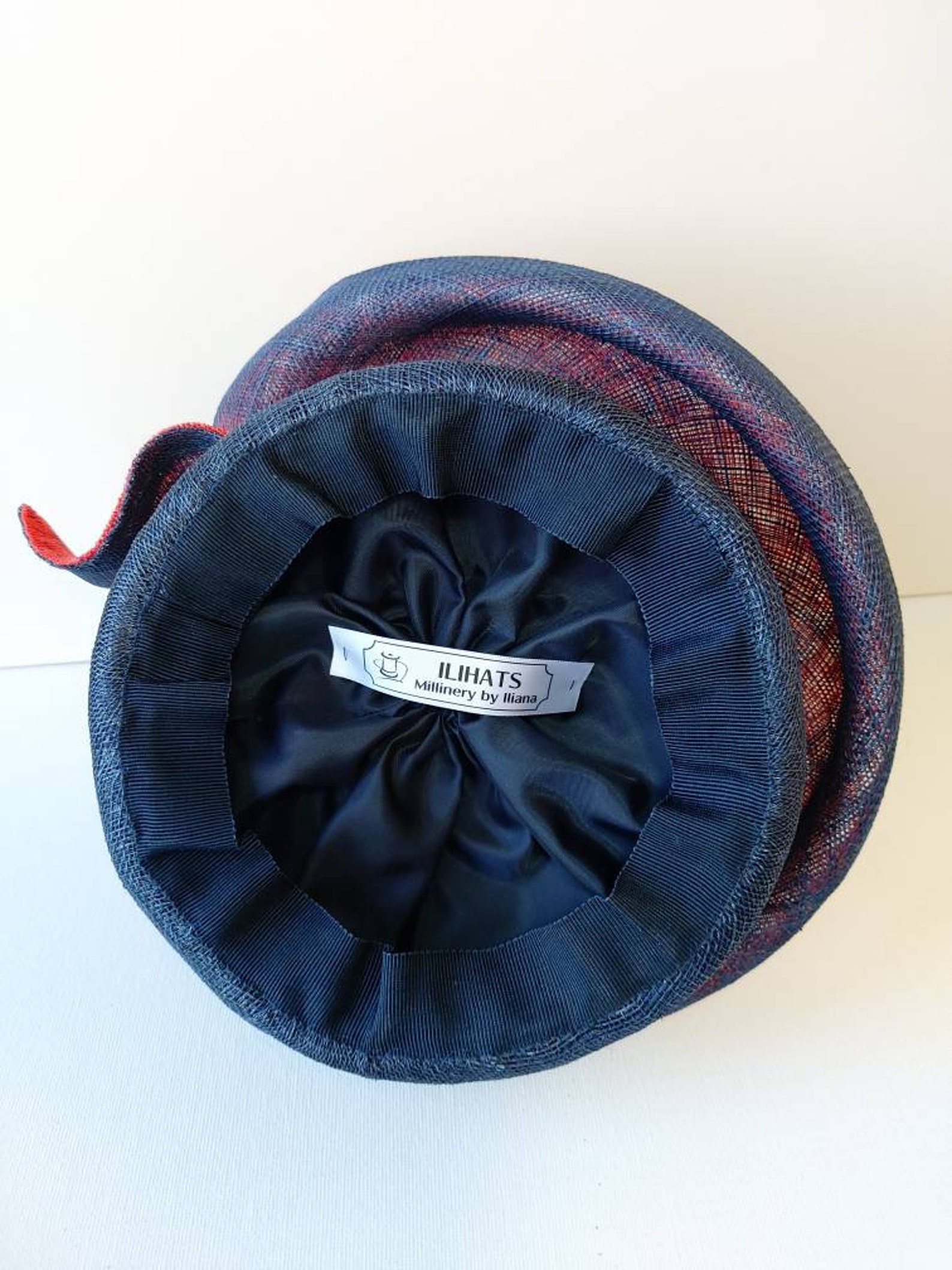 PAMELA Couture Hat/ Fascinator/ Navy Blue and Burnt Orange Button Hat ...
