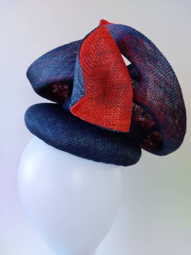 PAMELA Couture Hat/ Fascinator/ Navy Blue and Burnt Orange Button Hat ...