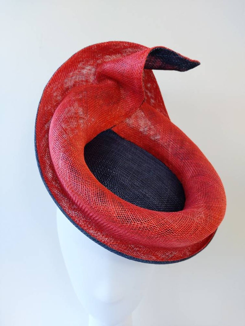 PAMELA Couture Hat/ Fascinator/ Navy Blue and Burnt Orange Button Hat ...