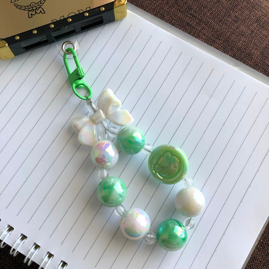 Green White Bow Bead Phone Strap, Handmade Beads, Beads Phone Charm ...