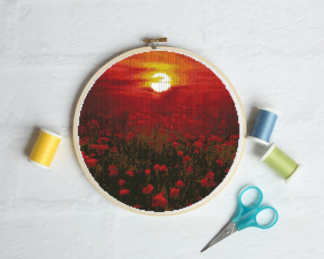 Red Poppy Landscape P1293 Embroidery Cross Stitch Pattern Download ...