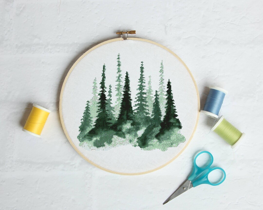 Watercolor Pine Trees P1220 Embroidery Cross Stitch Pattern Download ...