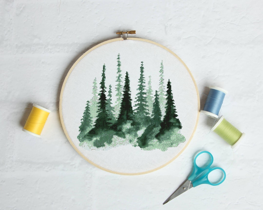 Watercolor Pine Trees #P1220 Embroidery Cross Stitch Pattern Download ...