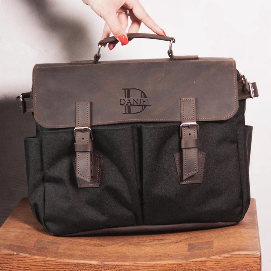 Canvas Leather Briefcase, Customized Messenger Bag for Men, Handmade ...