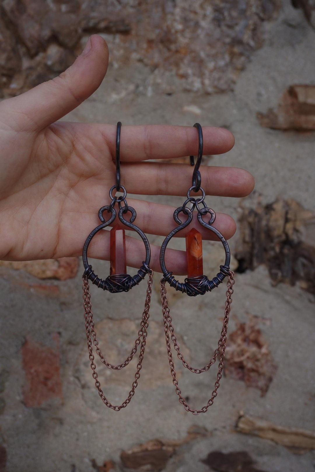 10 Gauge Copper Ear Weights, Dark Ear Weights, Carnelian Ear Hangers ...