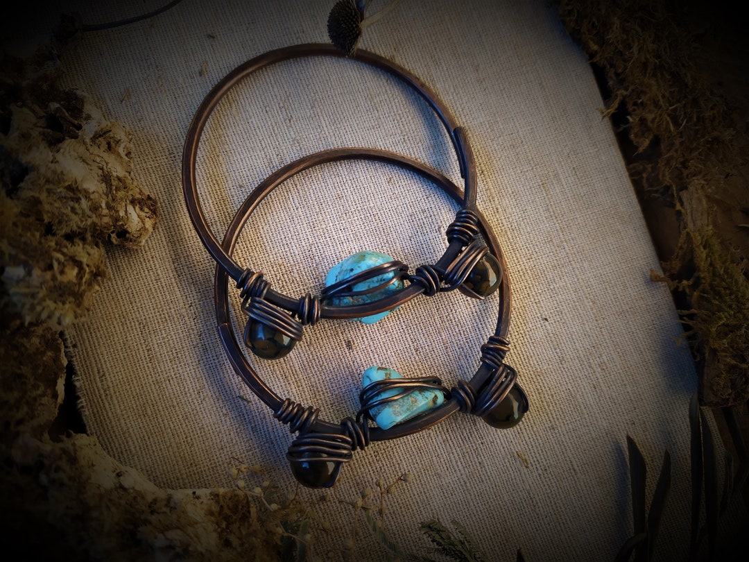 Copper EAR WEIGHTS - 8 Gauge Hoops - Wire Wrap Mounted Agate and ...