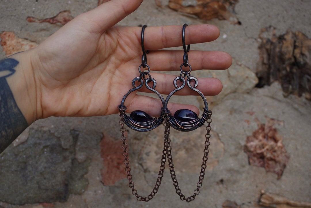 10 Gauge Copper Ear Weights, Dark Ear Weights, Amethyst Ear Hangers ...