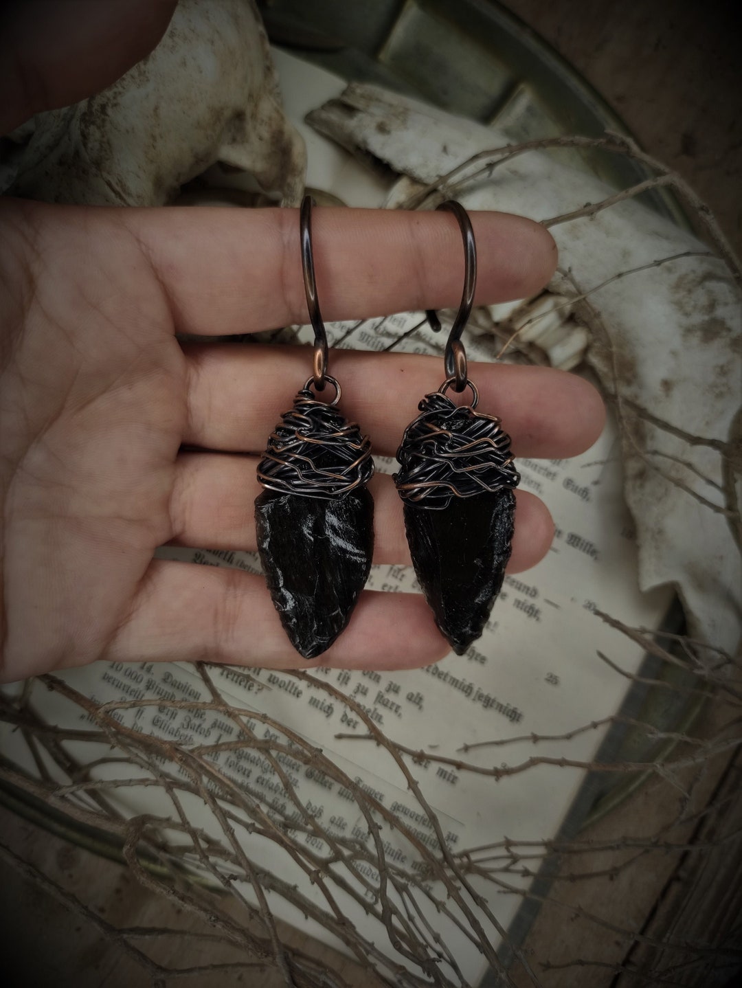Black Obsidian Arrowheads Ear Weights - 12 Gauge Copper Hooks for ...