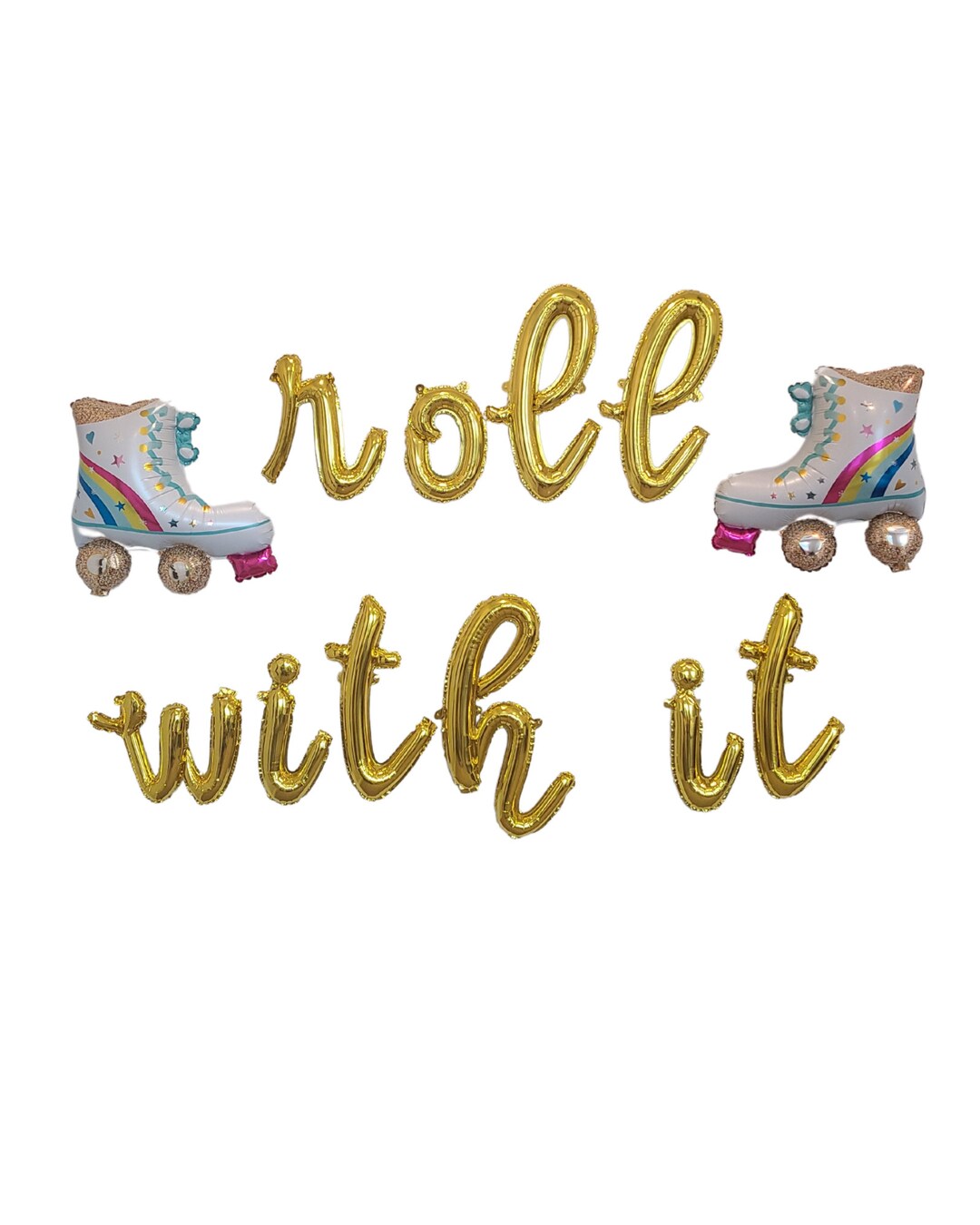 Gold Cursive Roll With It Balloon Banner With Roller Skate Balloons 80s ...