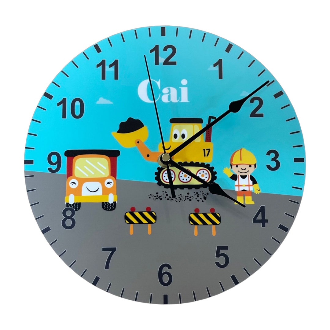 Construction/digger Kids Clock Personalised With Any Name Size 25cm ...
