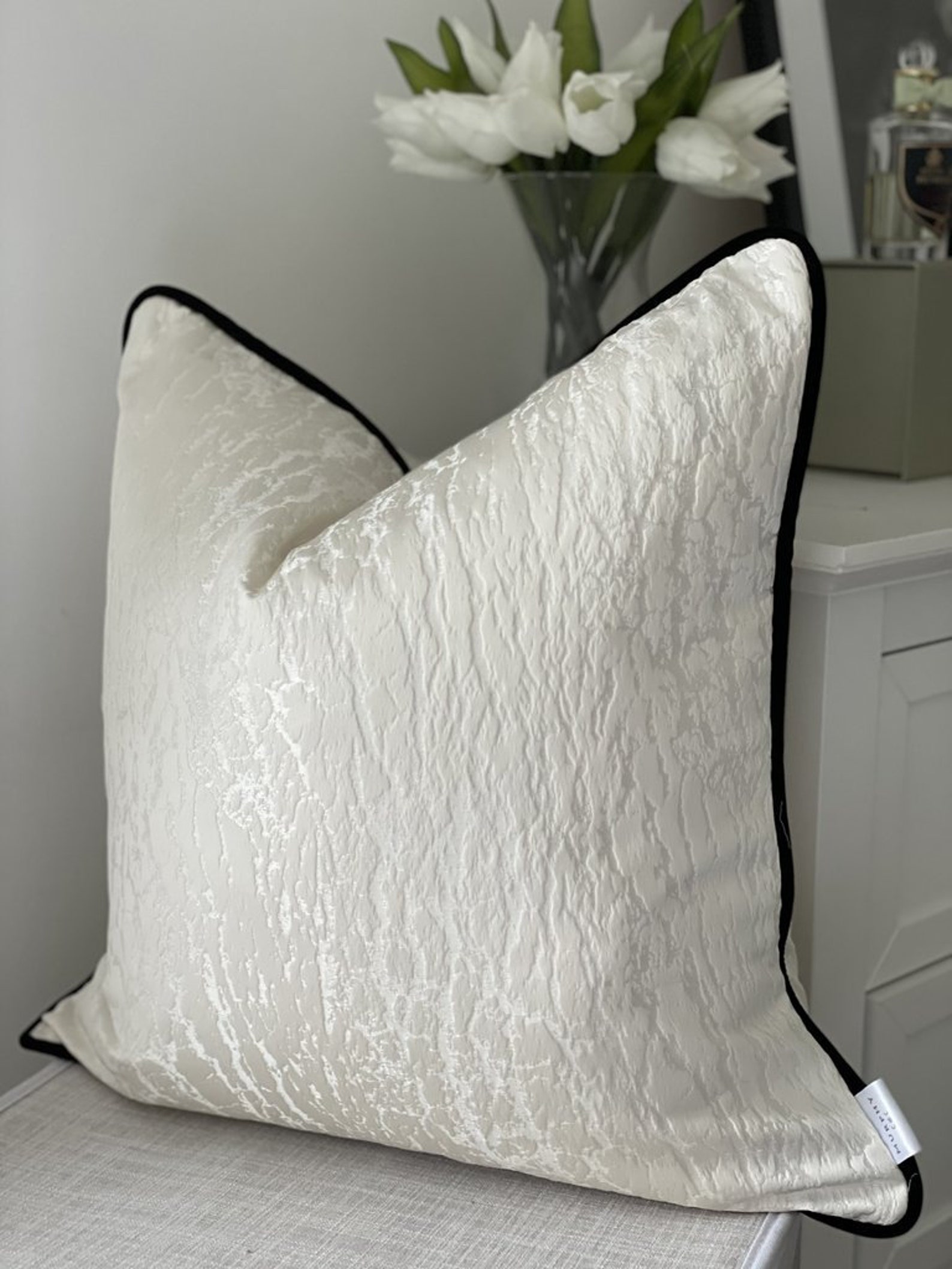 Handmade Ivory Cushion Cover With Black Velvet Piping - Etsy