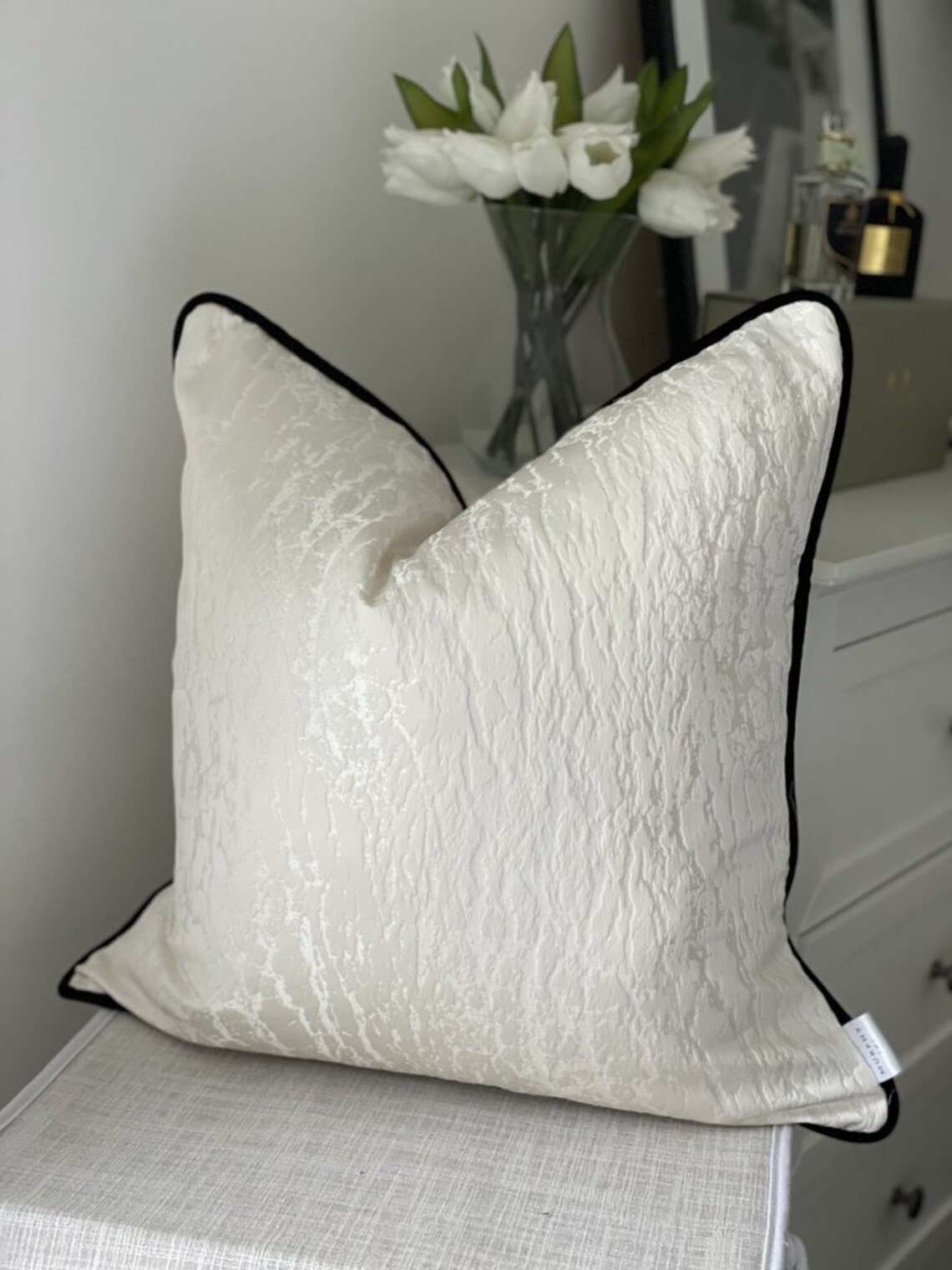 Handmade Ivory Cushion Cover With Black Velvet Piping - Etsy