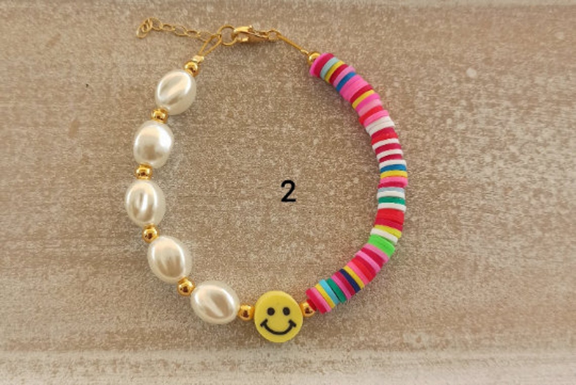 Smiley Face Pearl Braceletsstack Summer Braceletspearl - Etsy