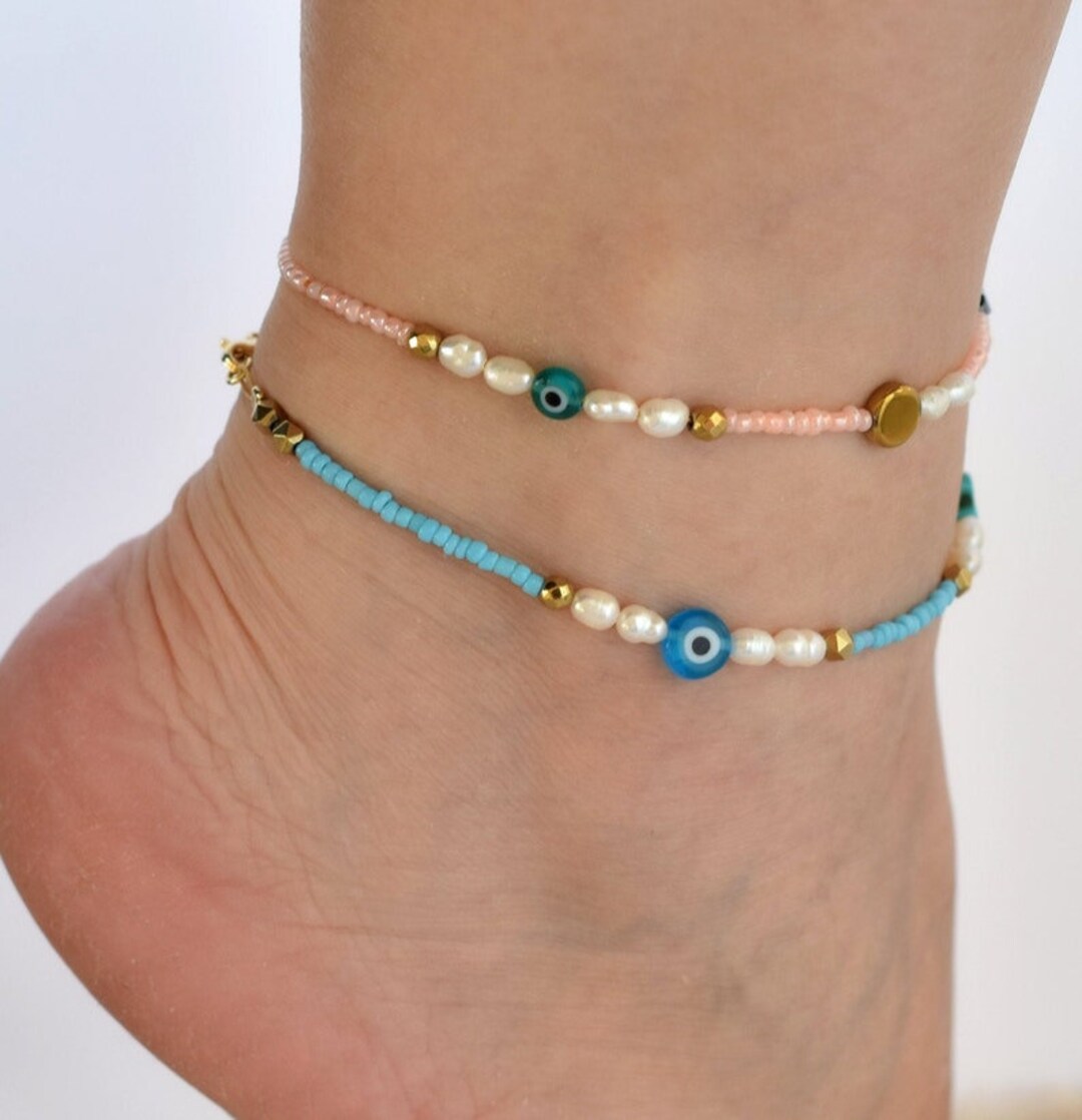 Anklet Bracelet, Beaded Summer Anklet, Adjustable Minimal Anklet ...