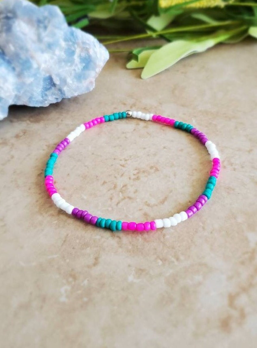 Anklet: 90s Inspired Seed Bead Stretch Anklet; Pink, Turquoise Anklet ...