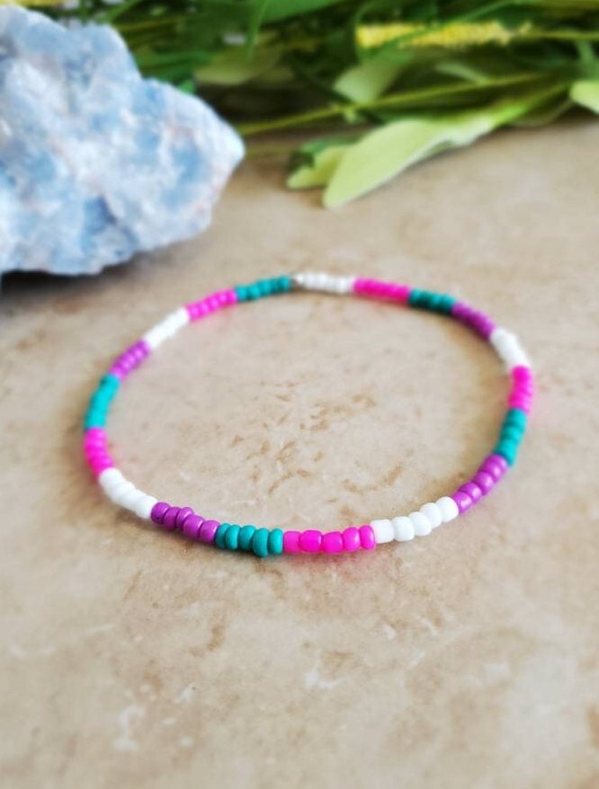 Anklet: 90's Colors Seed Bead Stretch Anklet, Beaded Ankle Bracelet ...