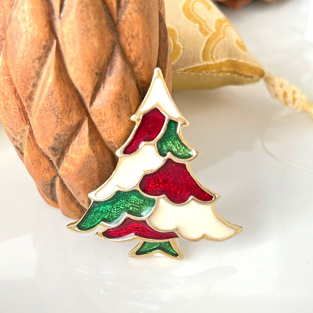 Vintage Red Green Enamel Christmas Tree Pin Signed Heart H - Etsy