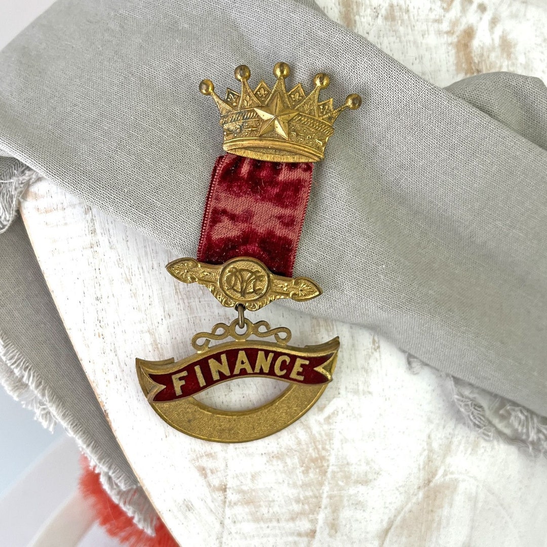 Antique King Queen Royal Crown Finance Velvet Ribbon Brooch Pin Masonic ...