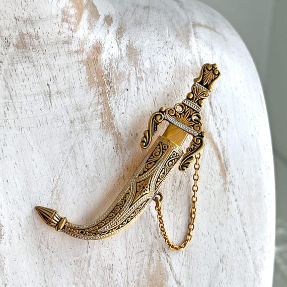 Vintage Damascene Scimitar Removable Sword Brooch Pin - Gem