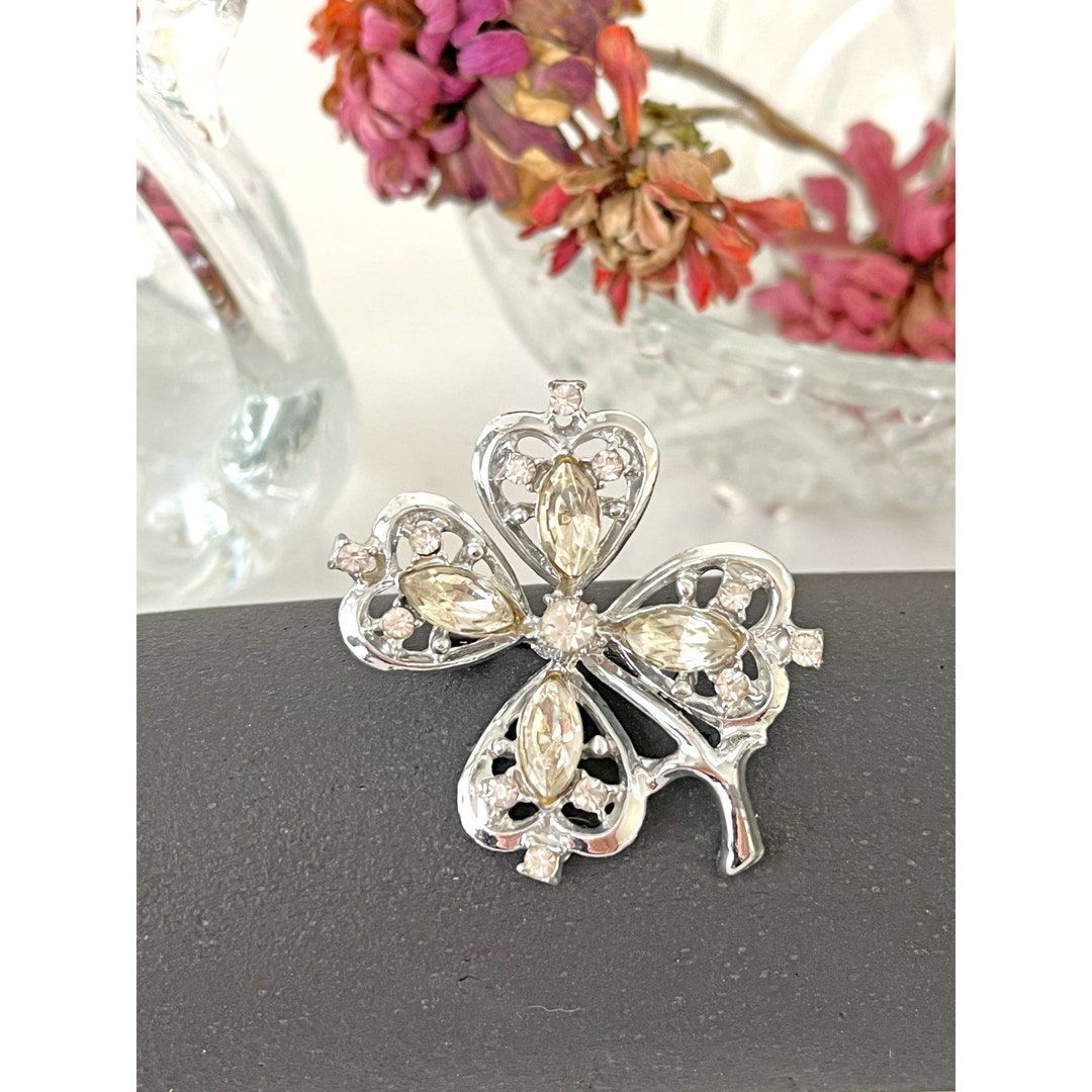 Vintage Shamrock Four Leaf Clover Rhinestone Brooch Pin - Etsy