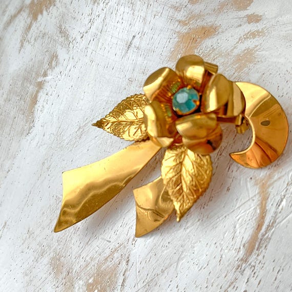 Vintage Coro 1930s 1940s Bow Floral Brooch Green Rhin… - Gem