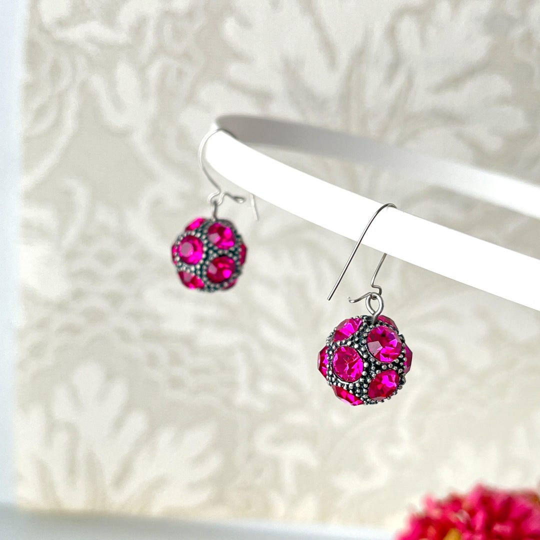 Vintage Pink Rhinestone Ball Sphere Earrings Pierced - Etsy