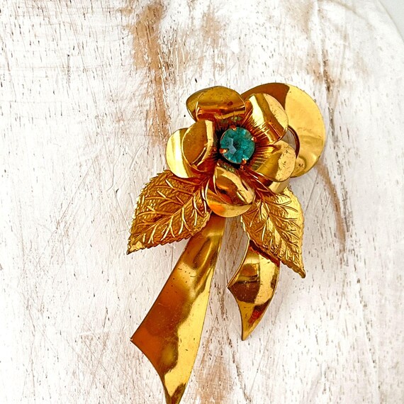 Vintage Coro 1930s 1940s Bow Floral Brooch Green Rhin… - Gem
