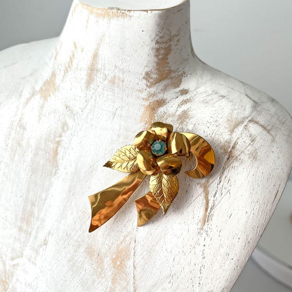 Vintage Coro 1930s 1940s Bow Floral Brooch Green Rhin… - Gem