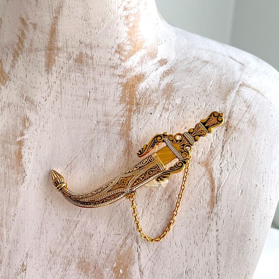 Vintage Damascene Scimitar Removable Sword Brooch Pin - Gem