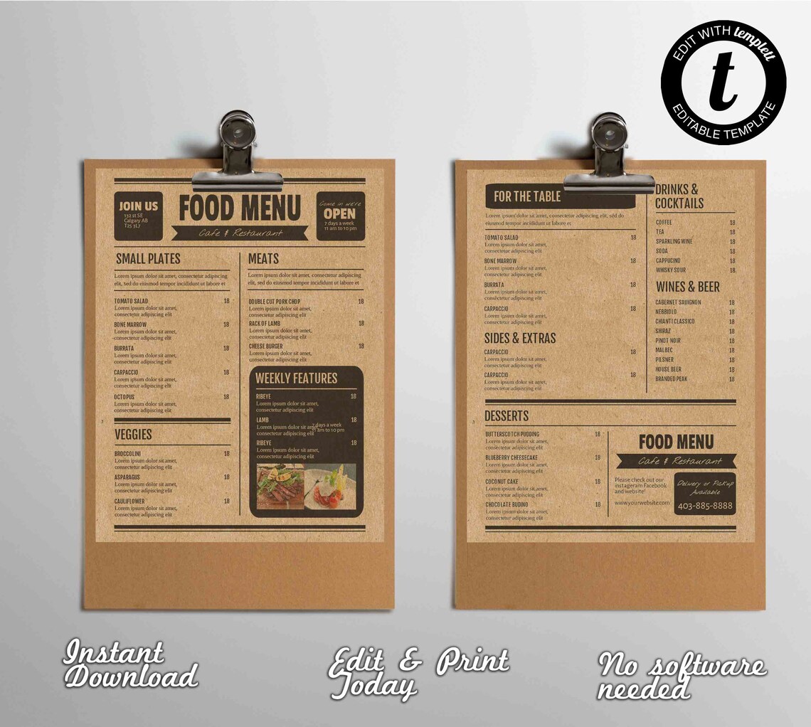 Trendy Restaurant Food Menu Templates, Printable Restaurant Menu ...