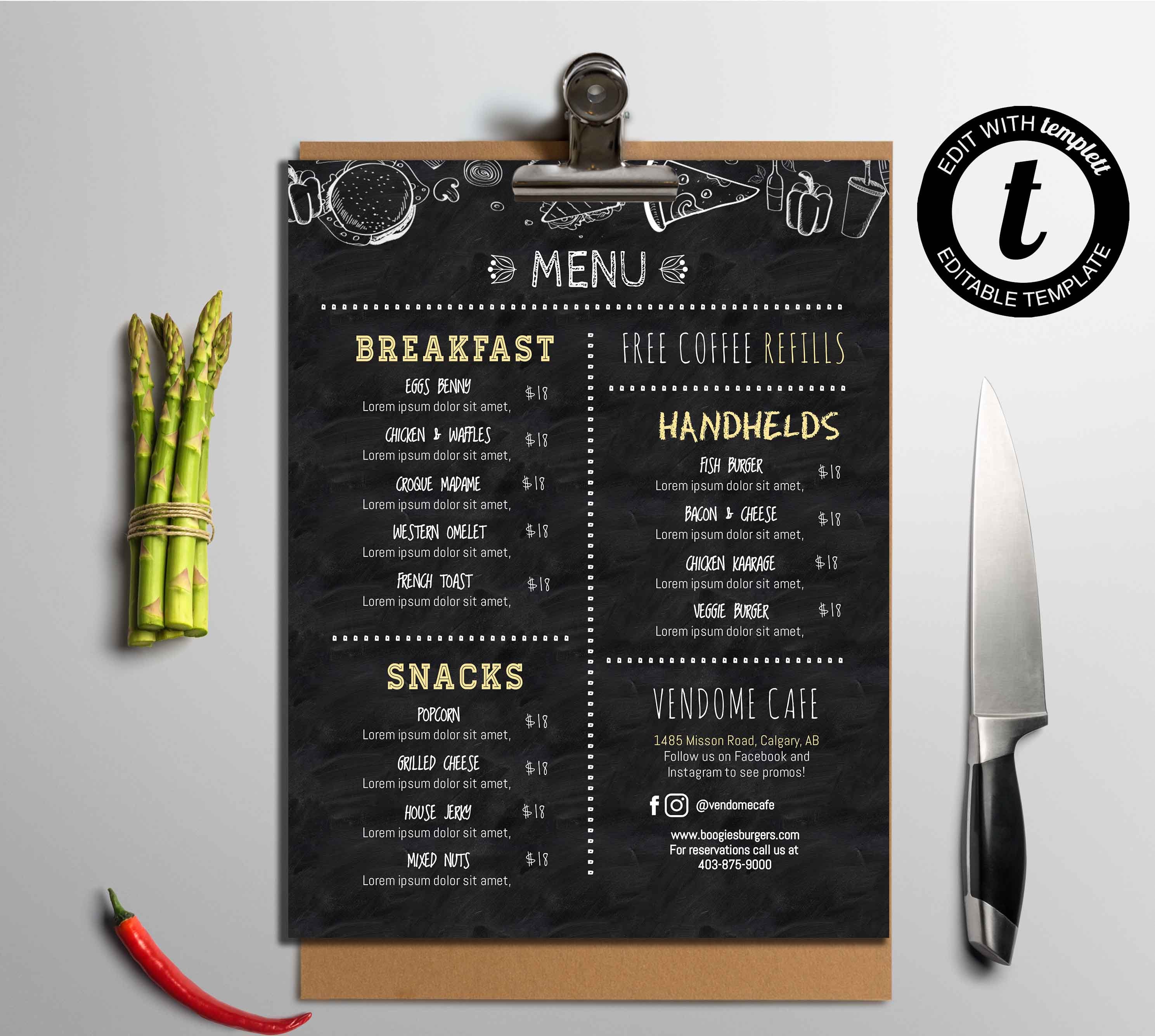 Simple Chalkboard Restaurant Template, Editable Chalkboard Menu in ...