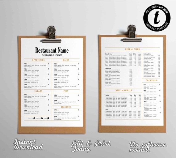 Simple Pub Menu Template Pub Menu Template Editable | Etsy Canada