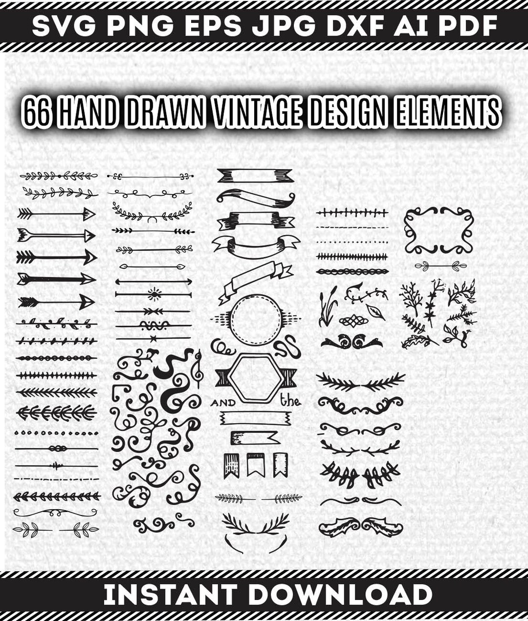 66 Hand Drawn Vintage Design Elements Bundle, Hand Drawn Vintage ...