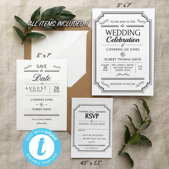 Vintage Playbill Wedding Invitation Template Suite Elegant | Etsy