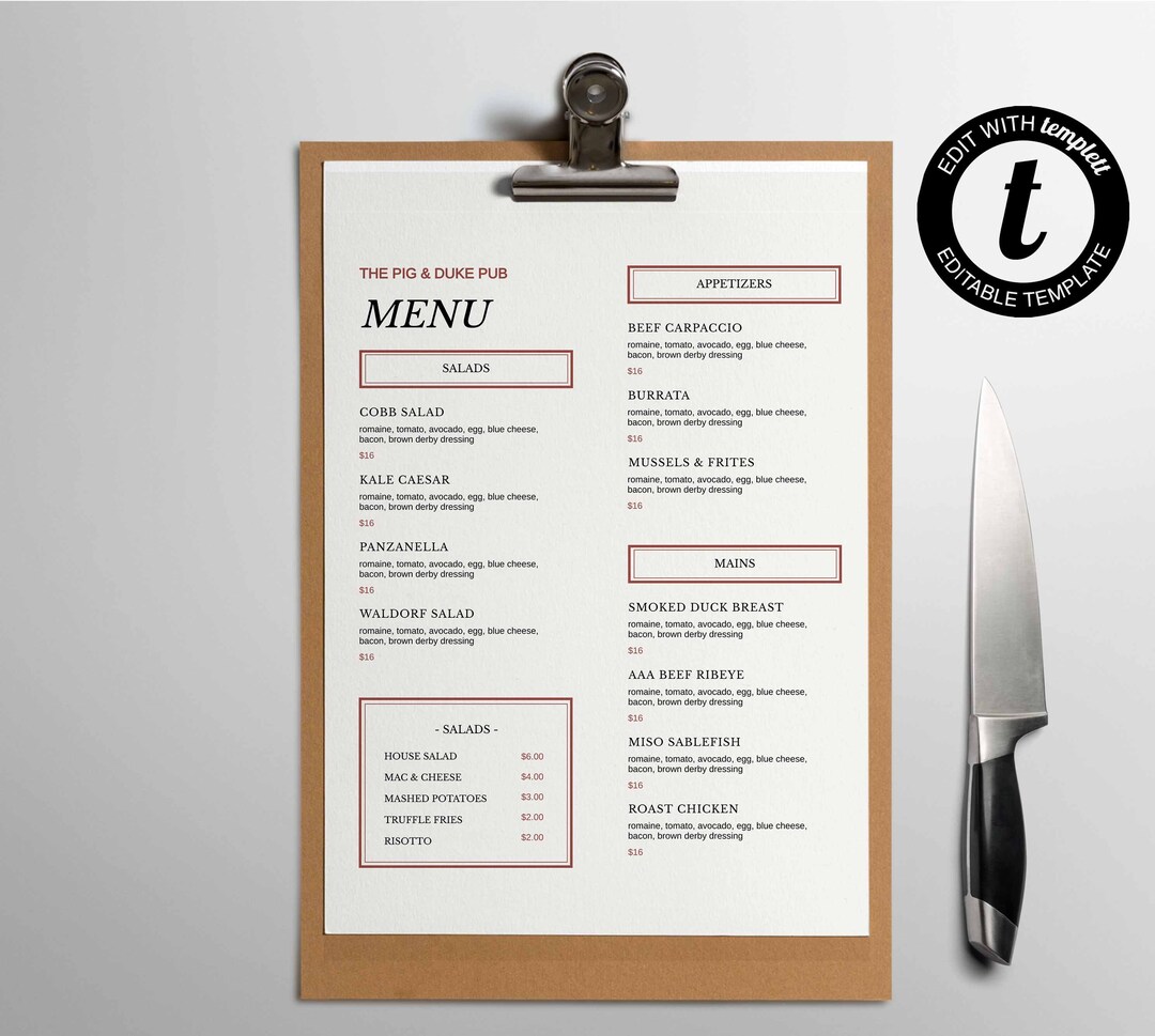 Simple Modern Menu Template, Simple Modern Menu Template, DIY Menu ...