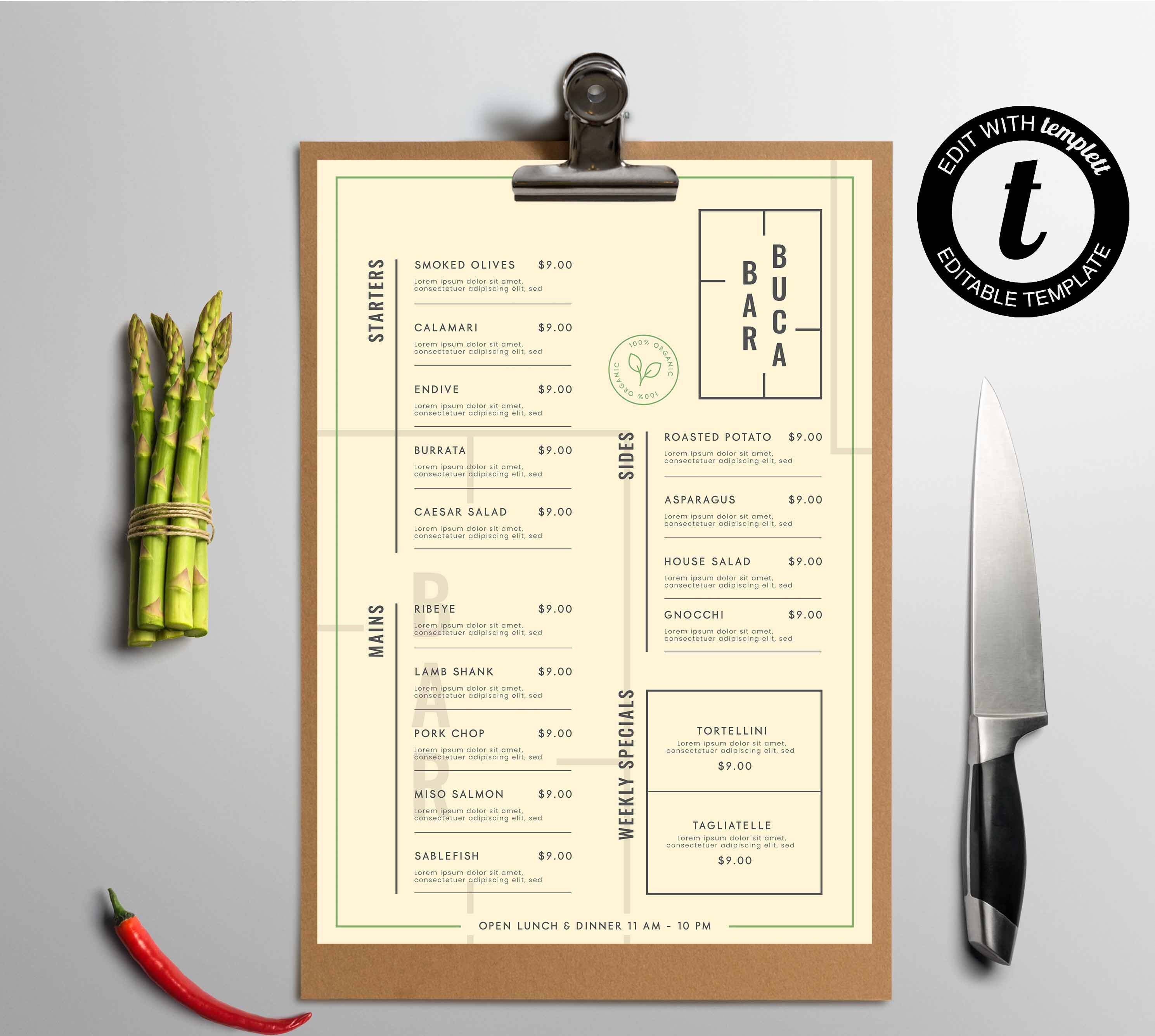 Bistro Style Restaurant Menu Template, Vegan Restaurant Menu Template ...