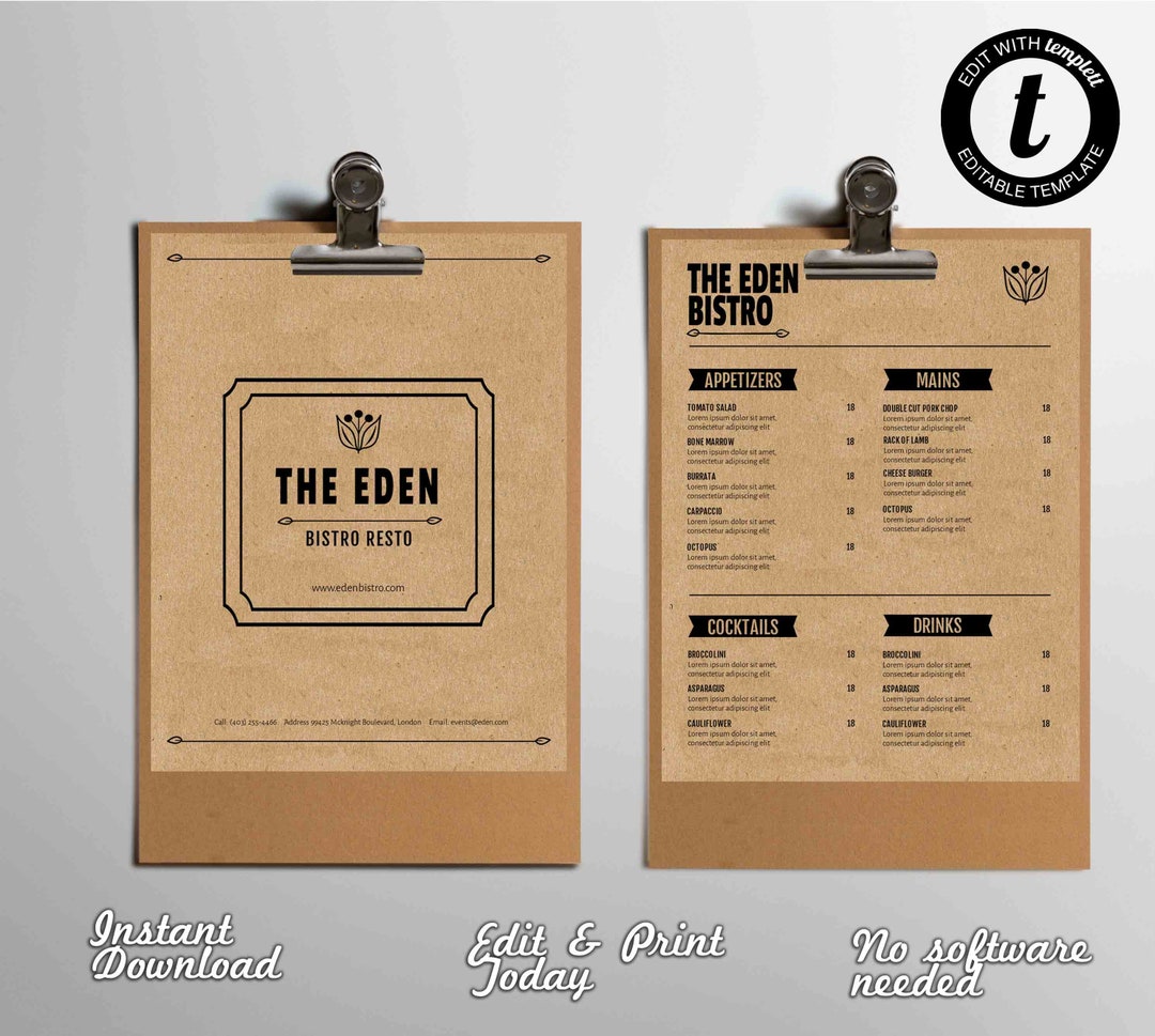 Simple Bistro Menu Template, DIY Menu Template, Food Menu Template ...