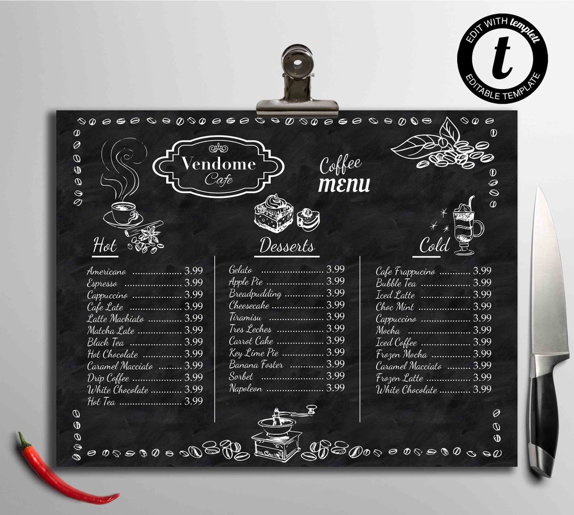 Chalkboard Style Cafe Menu Template Cafe Menu Template DIY - Etsy Canada