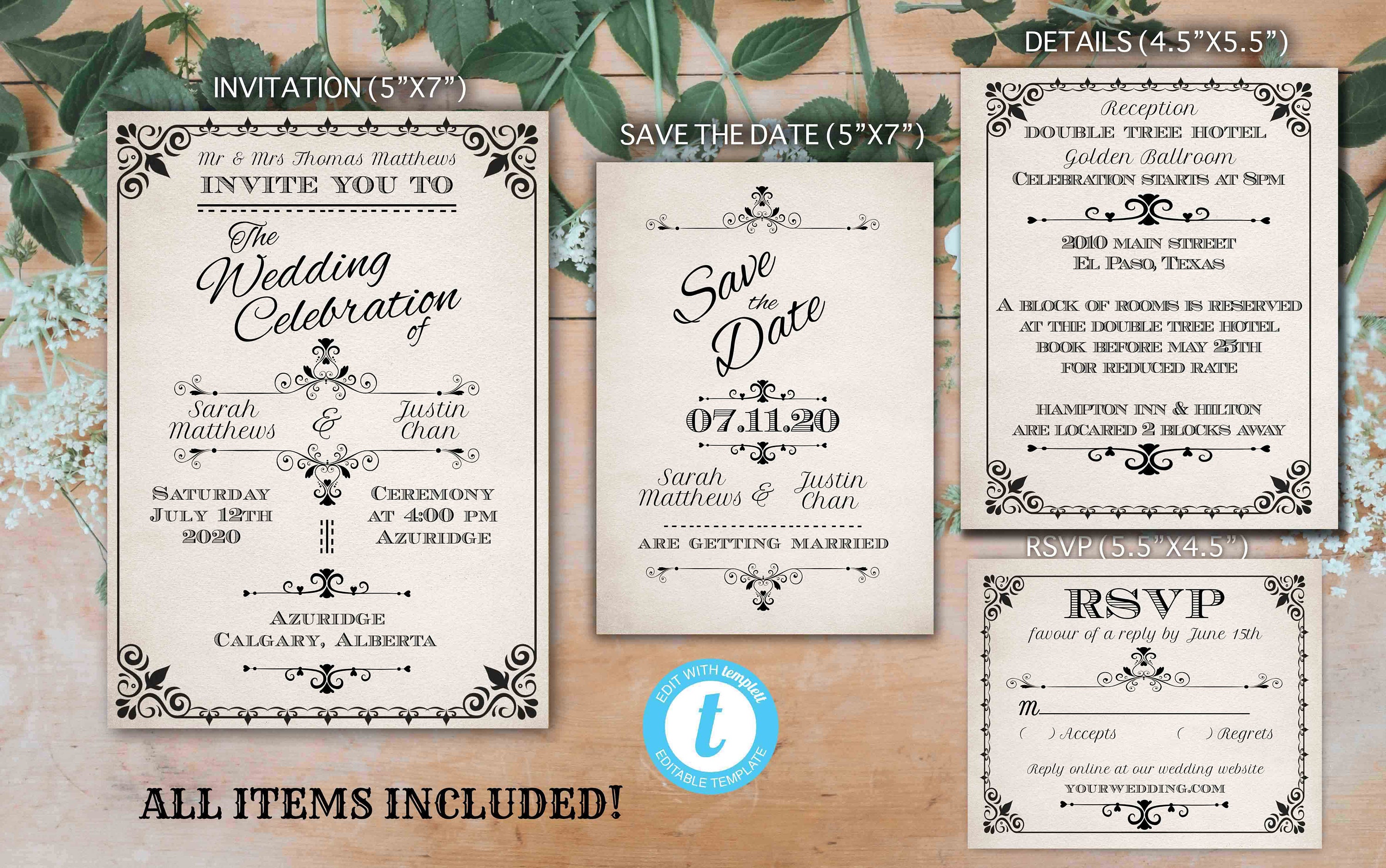 Ornate Vintage Old Fashioned Wedding Invitation Template Suite | Etsy
