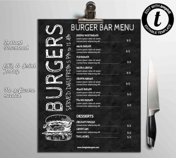 Chalkboard Menu Template Burger Menu Template Chalkboard - Etsy