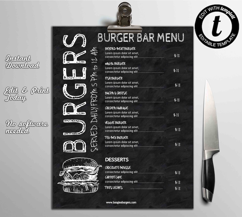 Chalkboard Menu Template, Burger Menu Template, Chalkboard Template ...