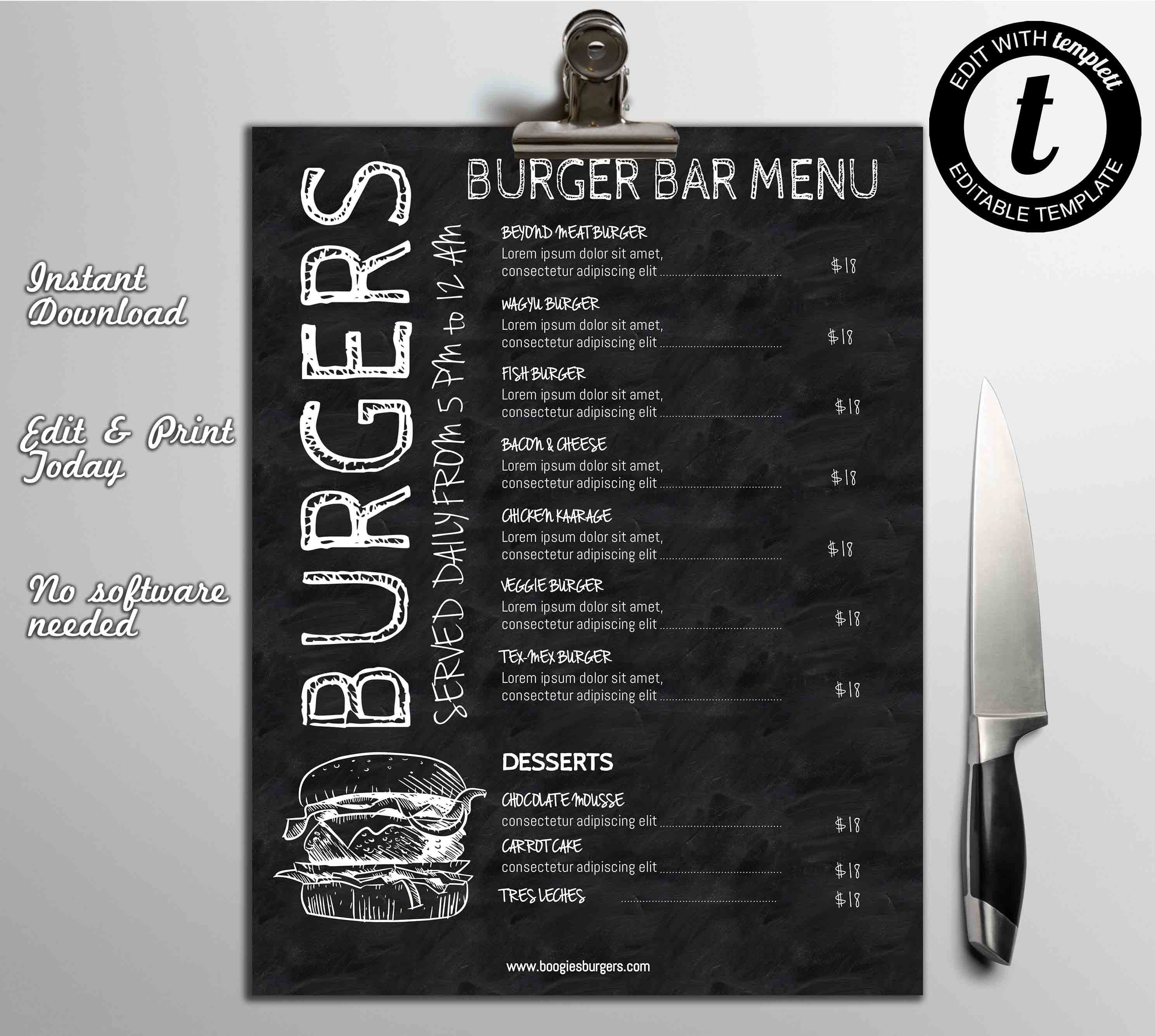 Chalkboard Menu Template, Burger Menu Template, Chalkboard Template ...