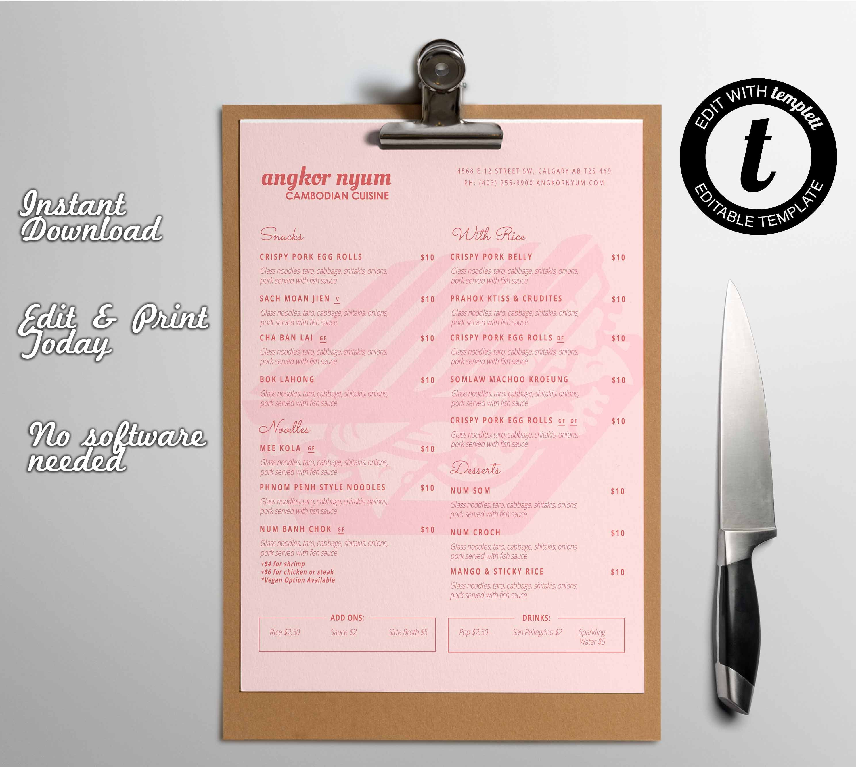 Simple Restaurant Menu Template, Trendy Pink Restaurant Menu Template ...