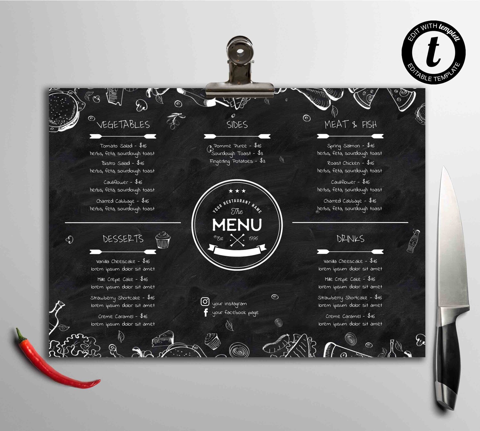 Chalkboard Style Menu Template, Restaurant Menu Templates, DIY Menu ...