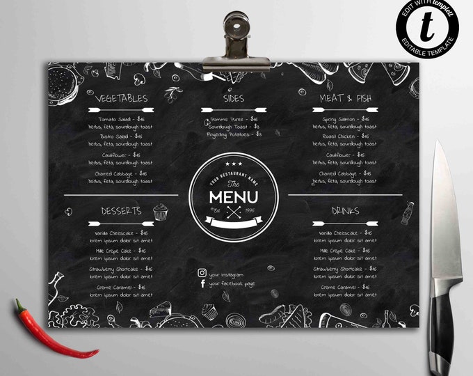 Chalkboard Style Menu Template, Restaurant Menu Templates, DIY Menu ...