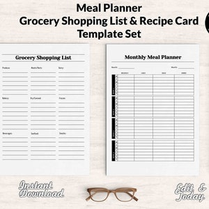 Meal Planner, Recipe Card, Grocery List, Recipe Pages Template ...