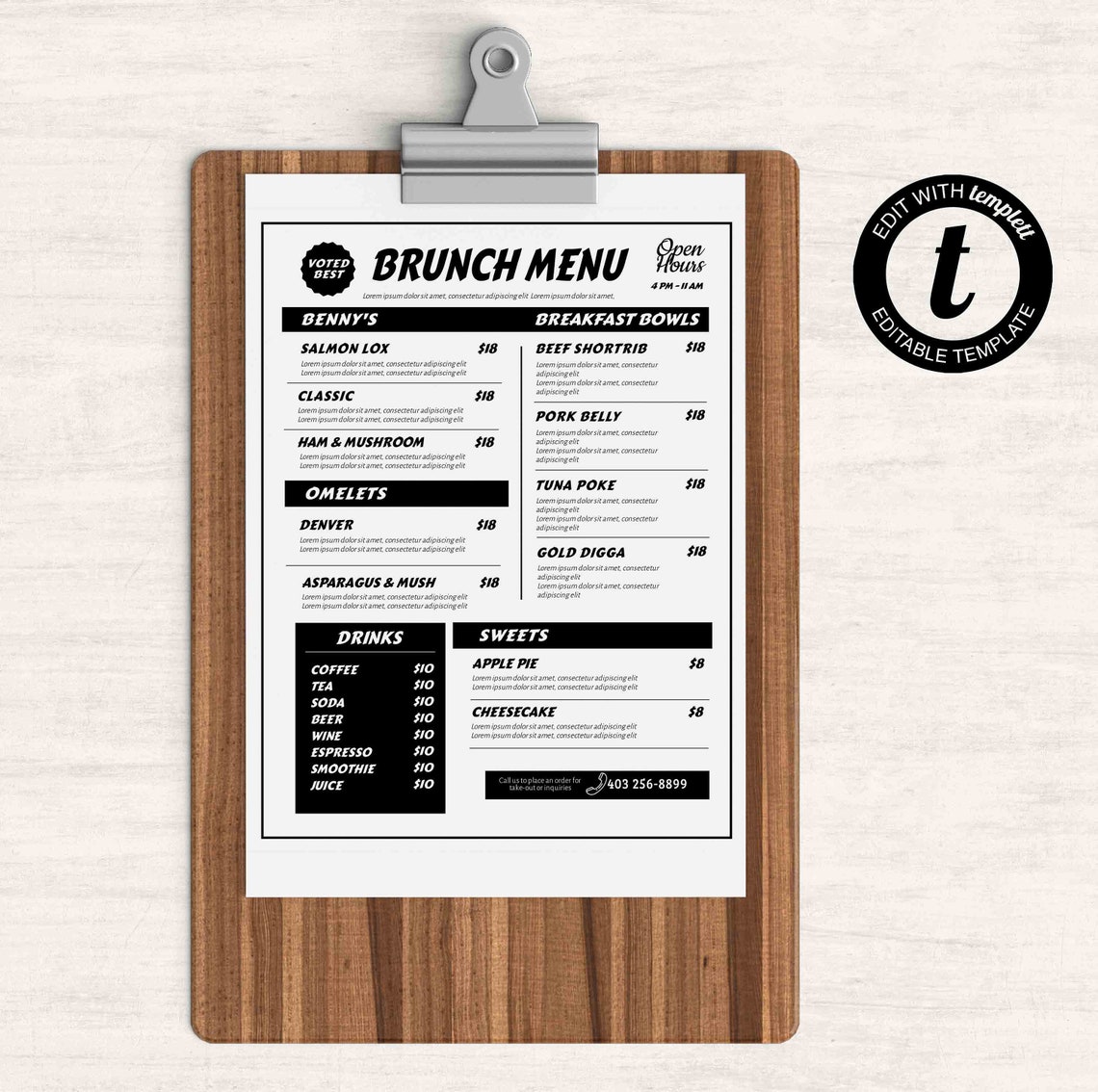 Diner Menu Template, Printable Brunch Menu, DIY Menu, Menu Template ...