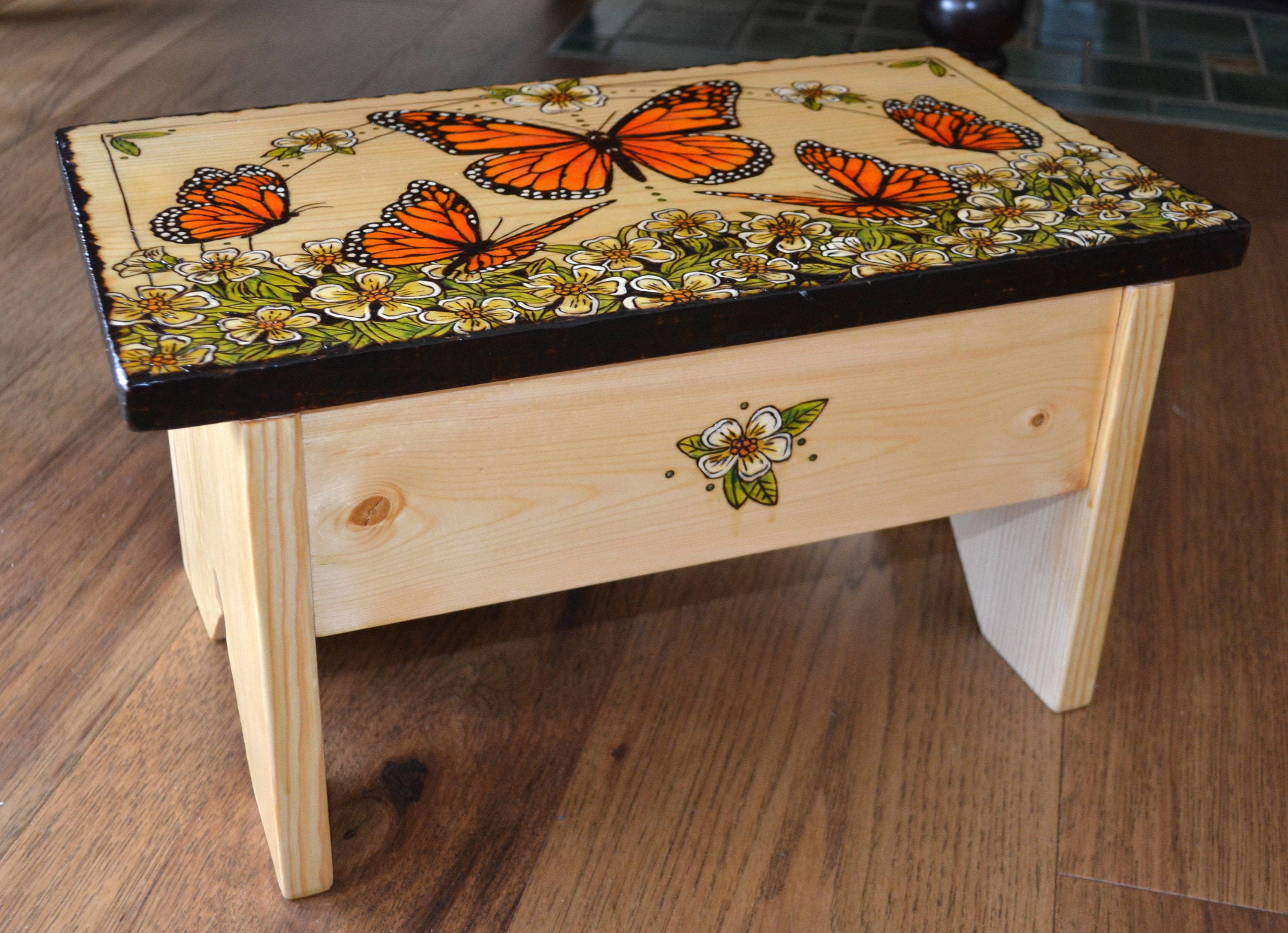 Monarch Hand-painted and Woodburned Wood Stool With Butterfly Art by ...